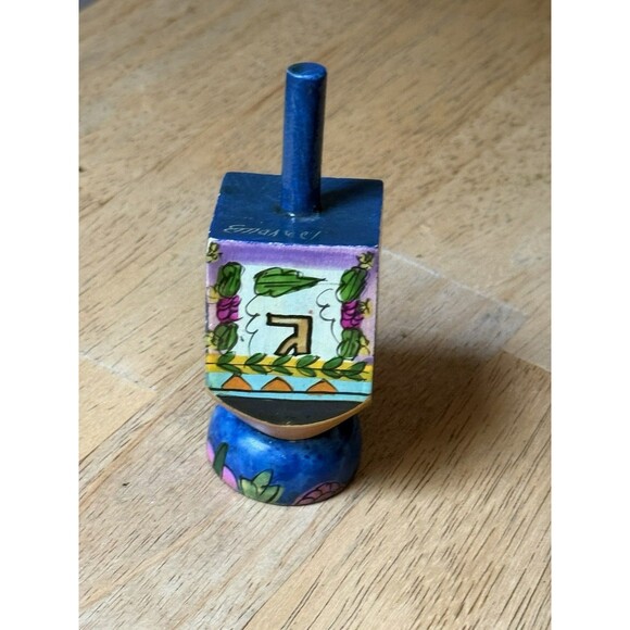 Holiday | Hand Painted Wood Dreidel Emmanuel With Stand Israel Hebrew ...